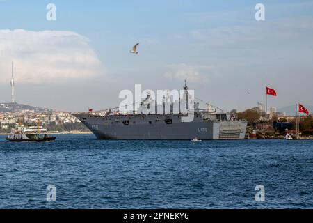 Fatih, Istanbul, Turkey. 17th Apr, 2023. Turkey's largest warship TCG Anadolu L400 docked at ...