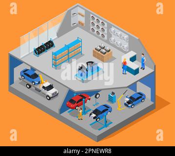 Car parts spares isometric composition with set of two profile view ...