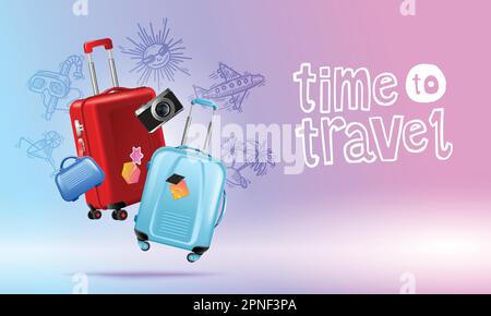 Realistic travel horizontal banner suitcases beach umbrellas and other ...