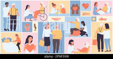 Cartoon young nurses hug senior patients, support and assistance for ...