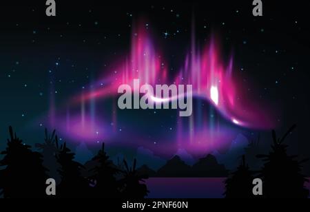 Night antarctic landscape with aurora borealis. Vector cartoon ...