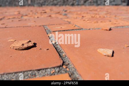Red square floor tiles damaged by weathering or material defects. The ...