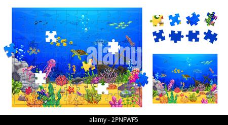 Jigsaw puzzle, underwater landscape pieces of cartoon sea animals and ...