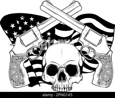 vector illustration of Monochrome skull with revolvers for tattoo ...
