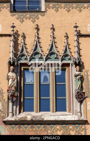 Ulm Town Hall with ornate windows with elector figures and facade with ...