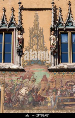 Ulm Town Hall with ornate windows with elector figures and facade with ...