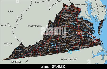 High detailed Virginia road map with labeling Stock Vector Image & Art ...