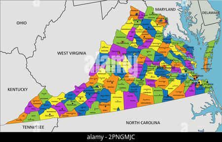 Colorful Virginia political map with clearly labeled, separated layers ...