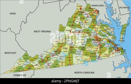 Virginia - Highly detailed editable political map with labeling Stock ...