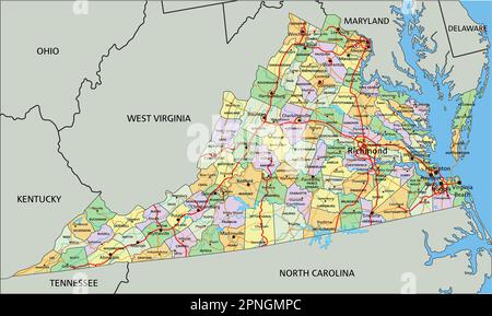 Virginia - Highly detailed editable political map with labeling Stock ...