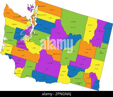 Colorful Washington political map with clearly labeled, separated ...