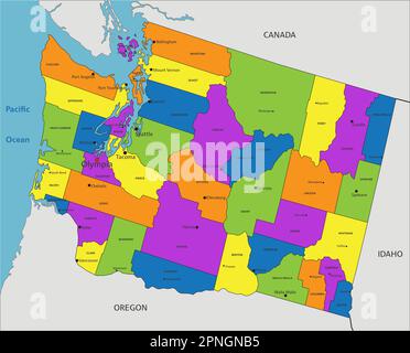 Colorful Washington political map with clearly labeled, separated ...