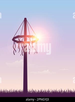 maypole with ribbons on meadow silhouette on sunny background vector ...