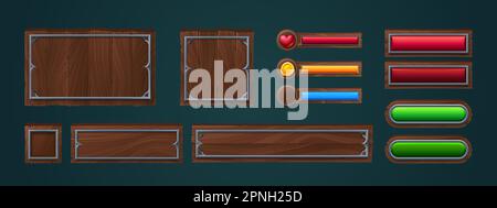Cartoon set of wooden frames and buttons for game ui design. Vector ...