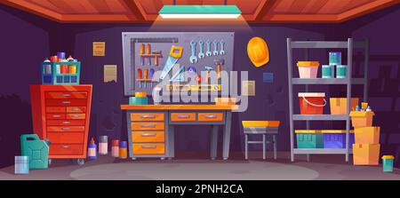 Night workshop interior in garage storage room with tool shelf and lamp ...