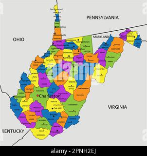 Colorful West Virginia political map with clearly labeled, separated ...