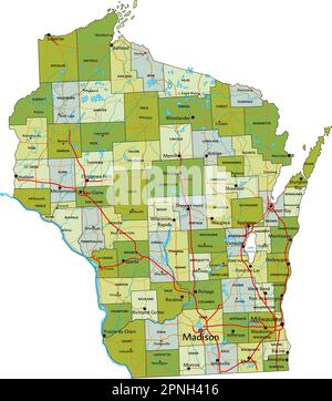 Wisconsin - Highly detailed editable political map with labeling Stock ...