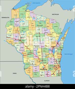 Wisconsin - Highly detailed editable political map with labeling Stock ...