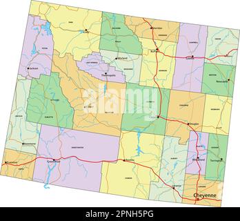 Wyoming state detailed editable map with cities and towns, geographic ...