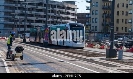 Trams to Newhaven tram on Ocean Drive during route testing, Leith ...