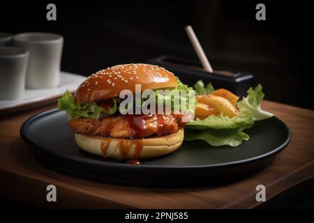 Teriyaki salmon burger, with a grilled salmon fillet, teriyaki sauce ...