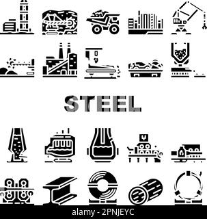 Isometric icons set with Blast furnace slag and pig iron tapping. Iron ...