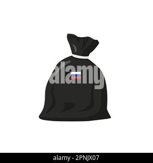 Garbage black bag with a dead russian soldier. Russion flag icon, cargo ...
