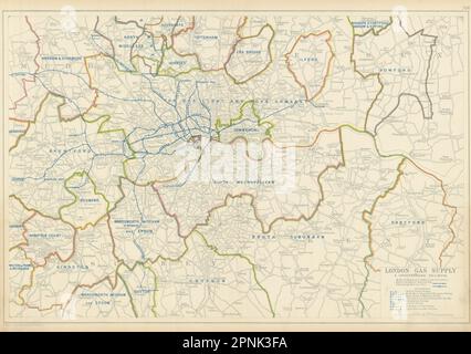LONDON GAS SUPPLY areas + UNDERGROUND/Tube & electrified railways.BACON ...