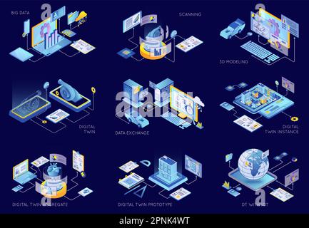Digital twin technology isometric infographics set with computer model ...