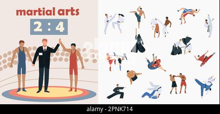 Martial arts concept with fighting and duel symbols flat vector ...