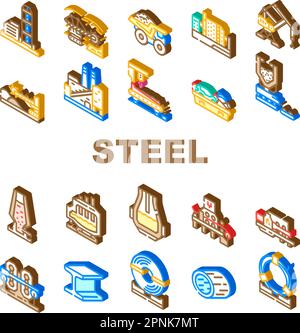 Isometric icons set with Blast furnace slag and pig iron tapping. Iron ...