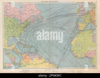 North Atlantic Ocean sea chart. Ports lighthouses mail routes. LARGE ...