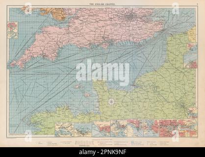 English Channel sea chart. Ports lighthouses mail routes. LARGE 1927 ...