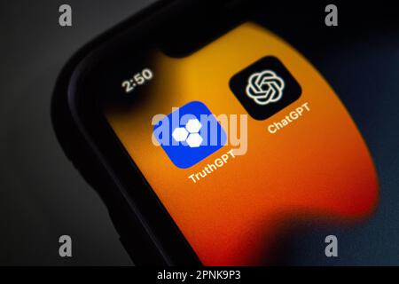 TruthGPT and ChatGPT logos seen in an iPhone. TruthGPT is an generative AI platform that Elon ...