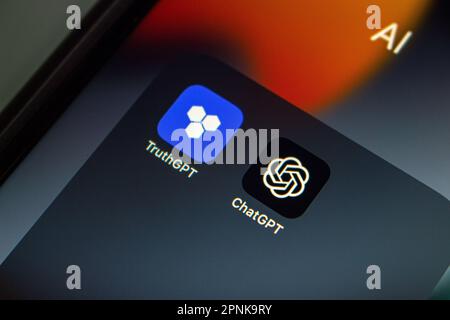 TruthGPT and ChatGPT logos seen in an iPhone. TruthGPT is an generative AI platform that Elon ...