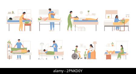 Bedridden care set with isolated compositions of flat icons with ...