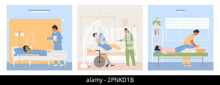 Bedridden care set with isolated compositions of flat icons with ...