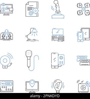 Technological gear line icons collection. Gadgets, Smartwatch, Earbuds, Drs, Robotics, Virtual ...