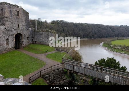 Chepstow, UK. 14th April, 2023. The Great Hall (l), Main Gatehouse (c ...