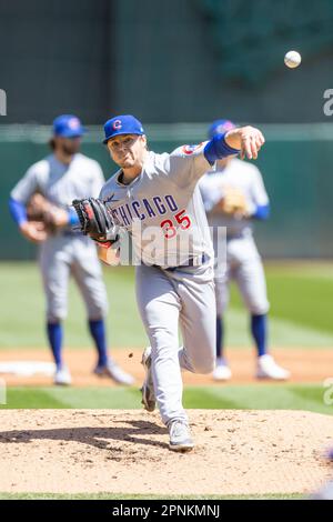 OAKLAND, CA - APRIL 19: Chicago Cubs Pitcher Justin Steele (35) has a ...