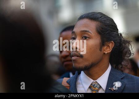 Tennessee state Rep. Justin Jones (D-Nashville) speaks with reporters ...