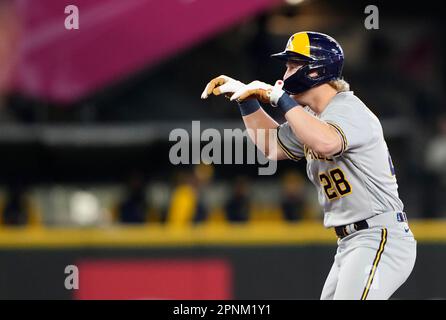 Milwaukee Brewers' Joey Wiemer celebrates after hitting a walk-off RBI ...