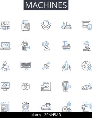 Machines line icons collection. Gearworks, Automatons, Mechanisms ...