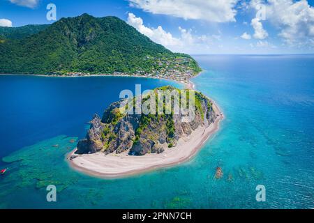 Dominica, Aerial view of Scotts Head bay and Cachacrou peninsula Stock ...