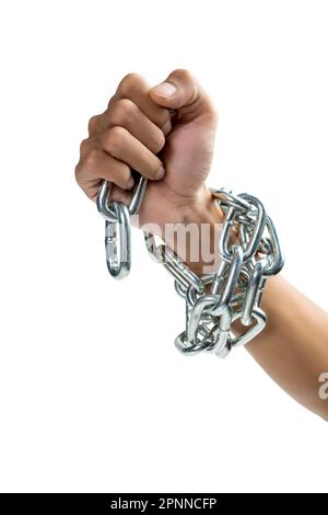 Humans hand-tied with a chain of metal steel isolated over white ...