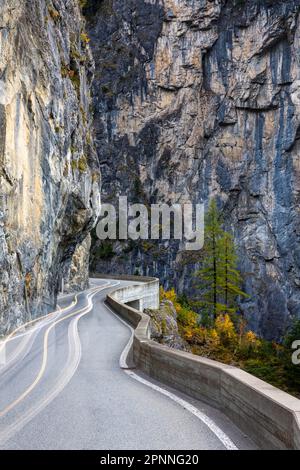 Albula Pass, road with many bends, light trail, Berguen, Grisons ...
