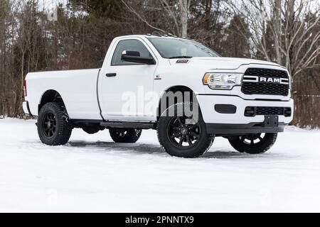 A white Dodge Ram truck parked on a concrete surface in a natural ...