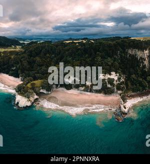 Aerial of Te Whanganui-A-Hei Cathedral Cove Marine Reserve in ...