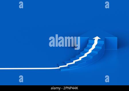 White arrow following the stairs of growth on blue background, 3D arrow ...