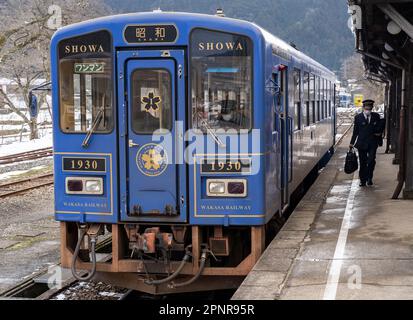 A Wakasa Line One Man train at Wakasa Station in Tottori Prefecture ...